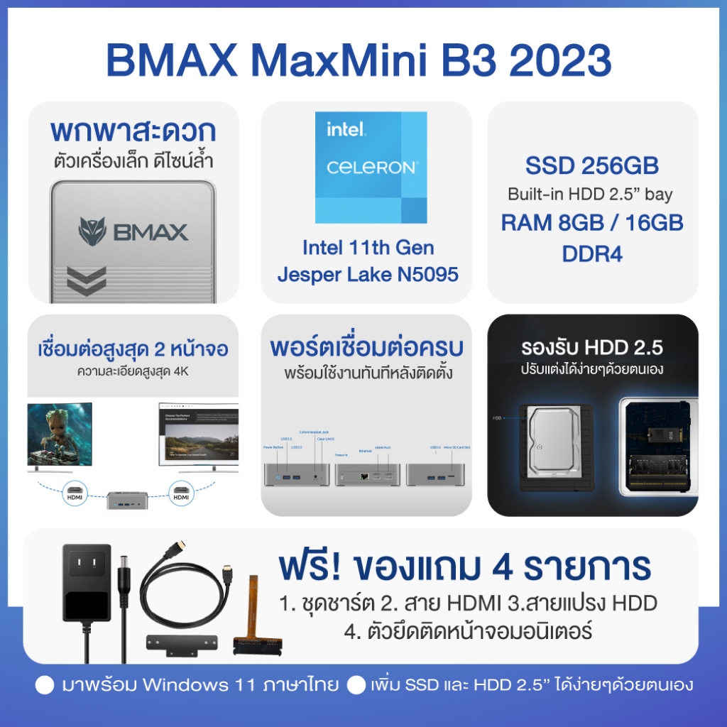 BMAX B3 2023 Mini PC มินิ พีซี Intel Celeron N5095 Gen11 RAM 8GB DDR4 SSD 256GB ประกันในไทย 1 ปี